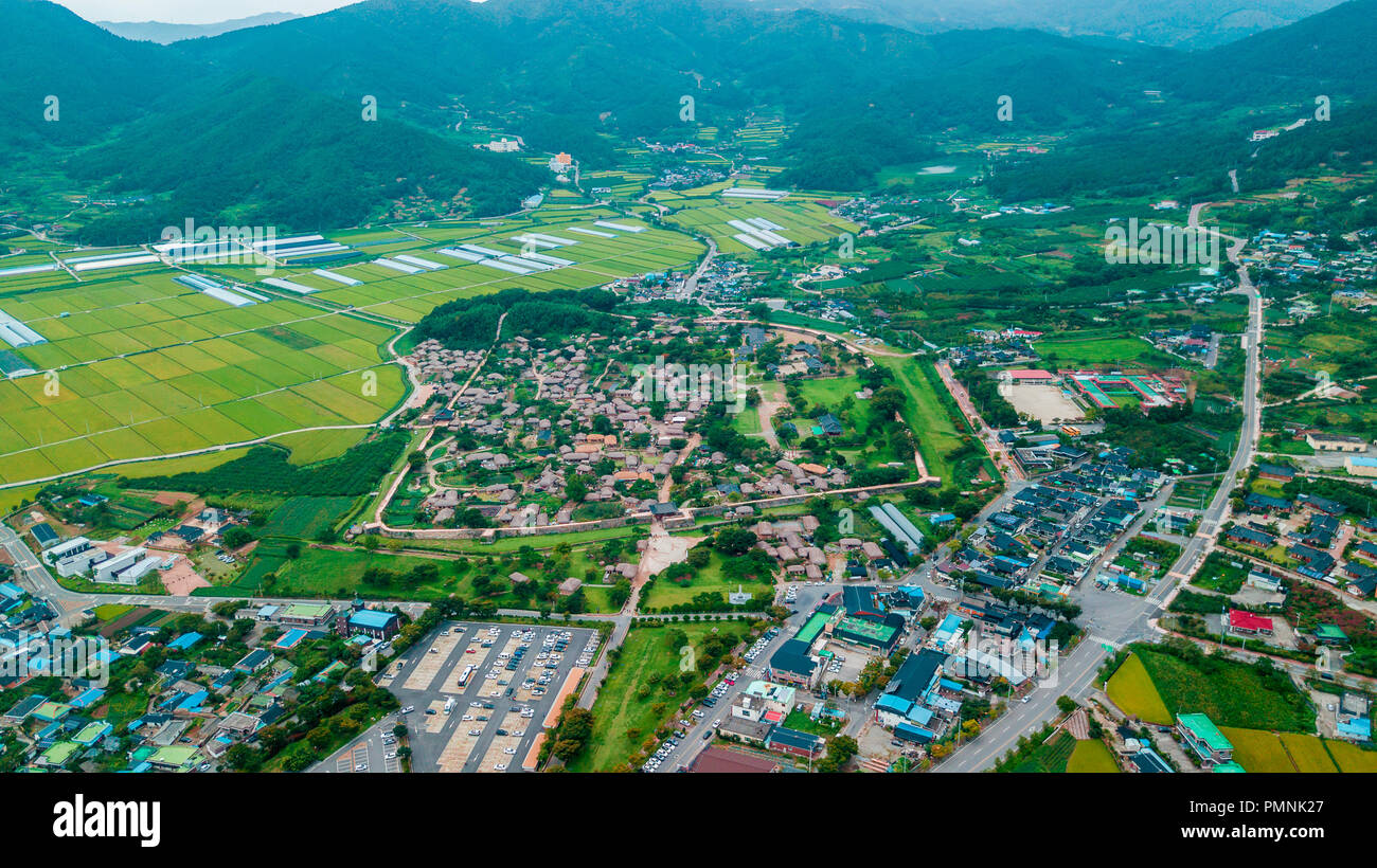 Aerial view of korean traditional folk village in Suncheon city of ...