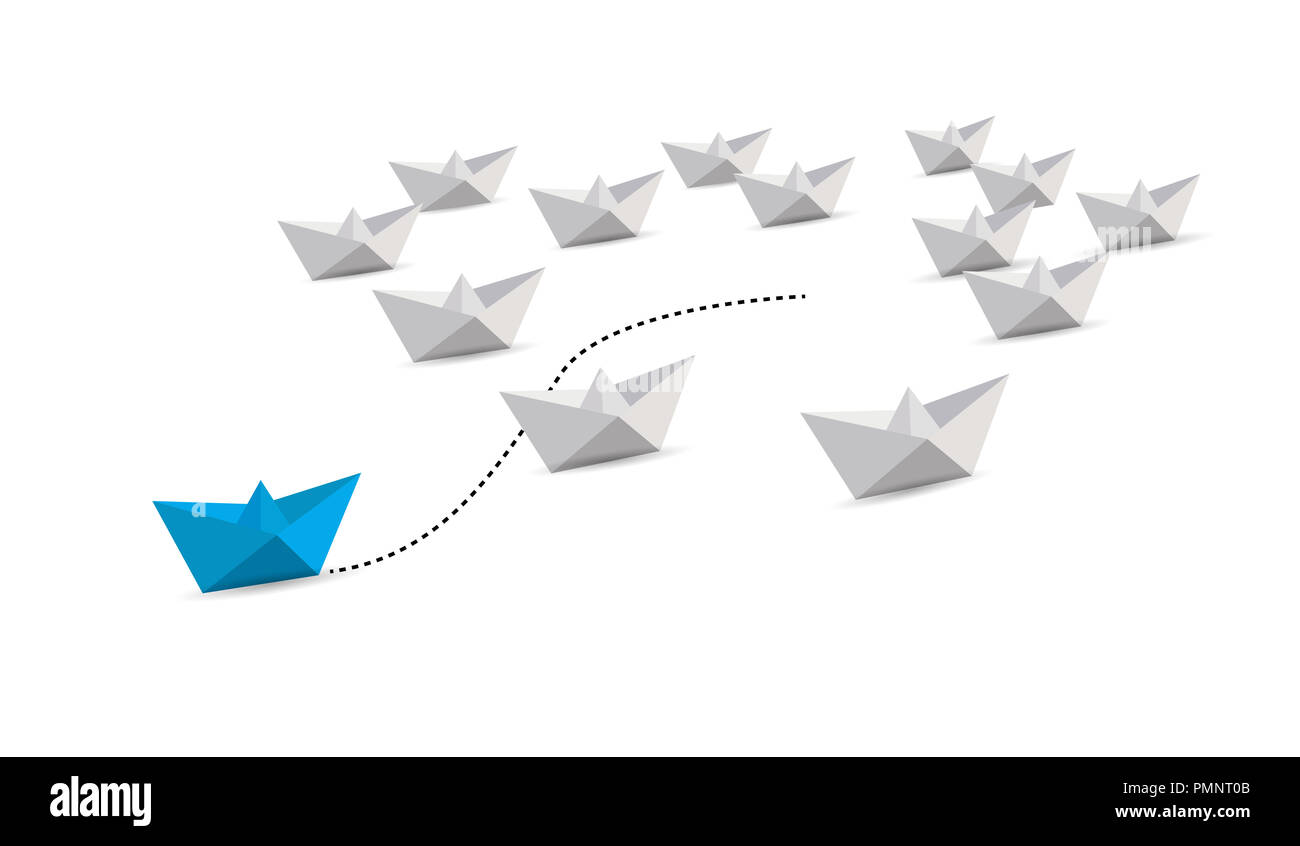 paper boat leader with initiative. leadership guiding concept. blue ...