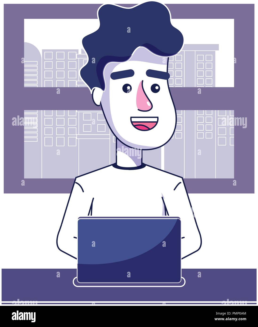 happy man with laptop technology and window Stock Vector Image & Art ...