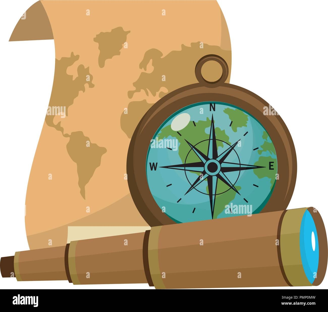 old map with compass and monocular tools Stock Vector Image & Art - Alamy