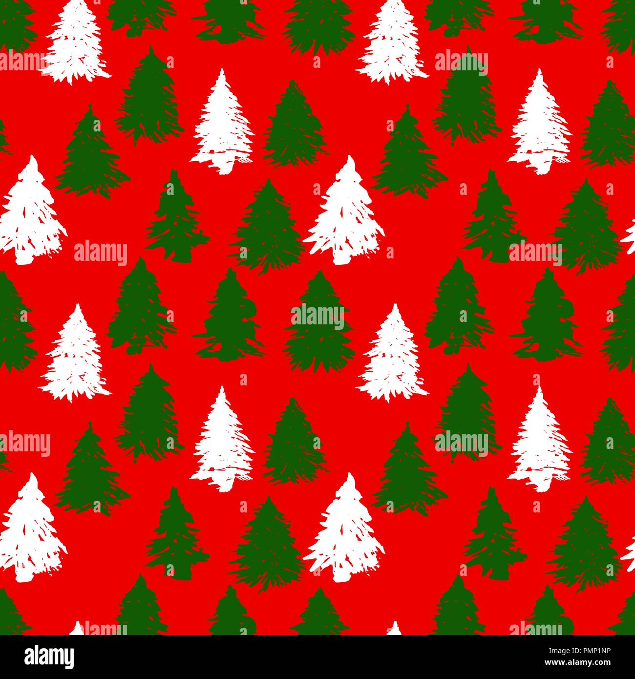 Green and white grunge spruce forest on red background. Christmas tree ...