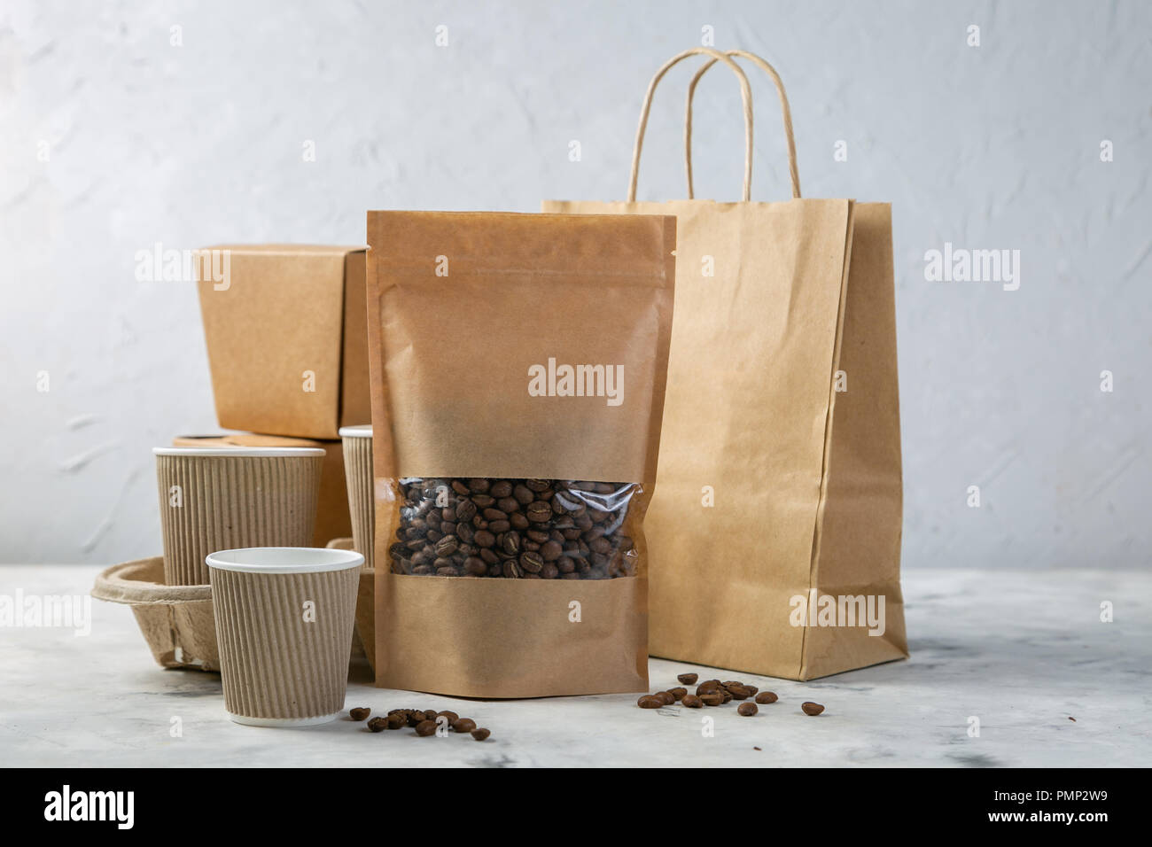 Food and drink craft packaging set on kitchen background Stock Photo ...