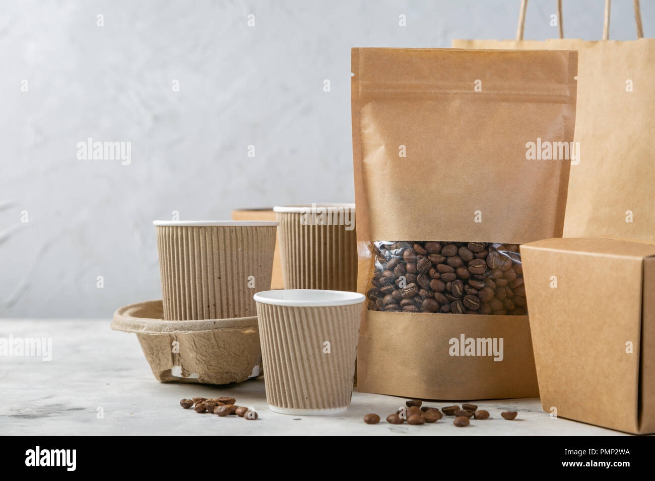 Food and drink craft packaging set on kitchen background Stock Photo ...