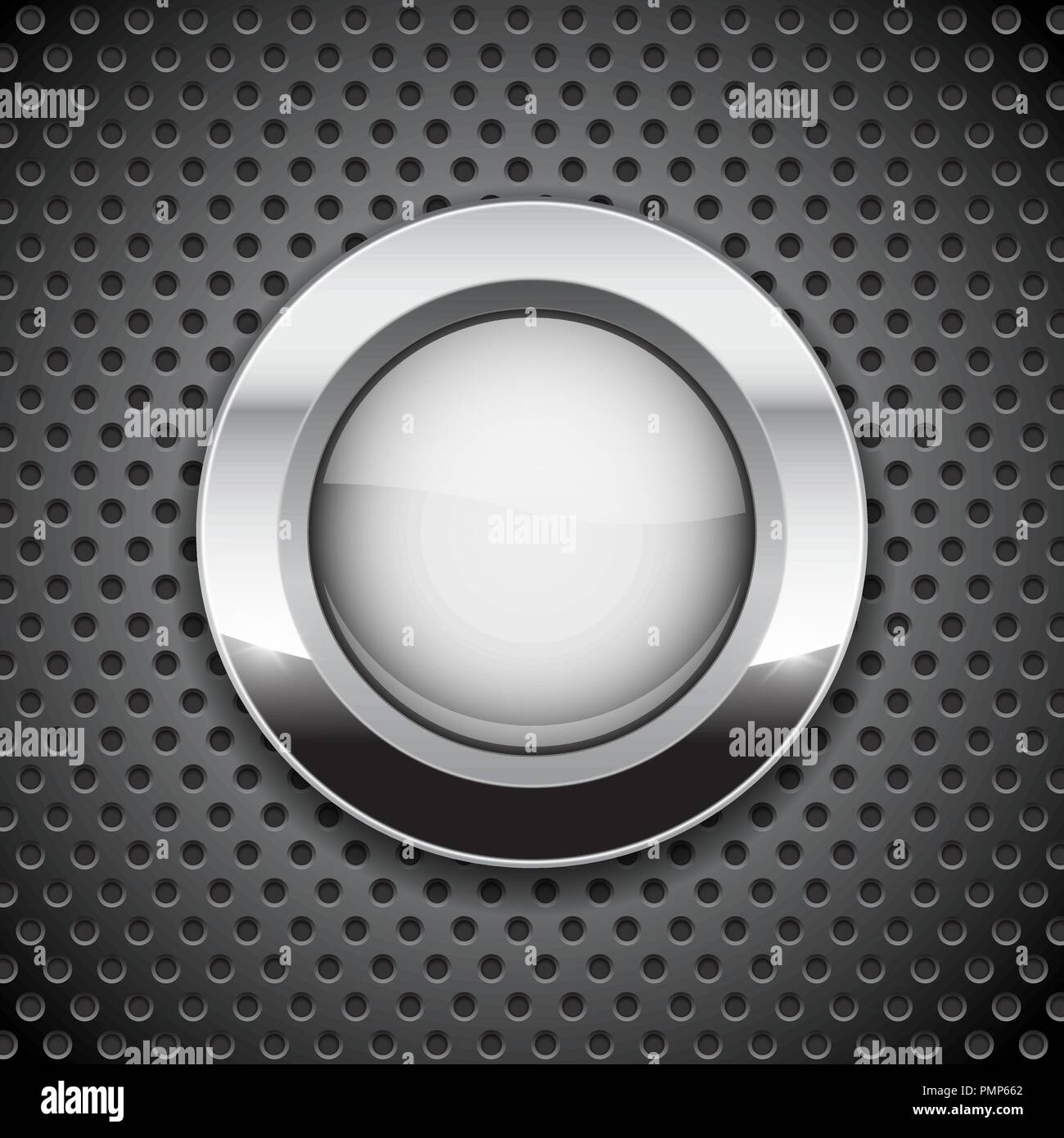 White button on metal perforated background. Round glass icon with ...