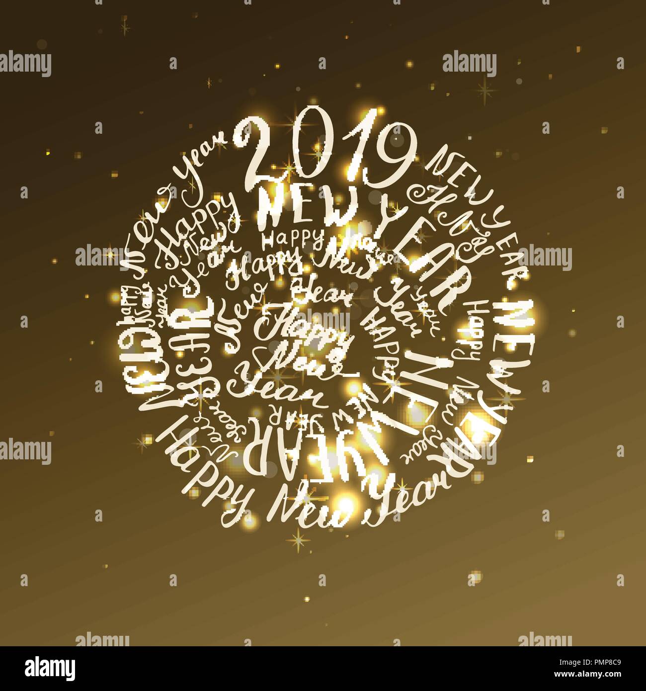 2019 New Year. Calligraphic inscription. Vector illustration. Gold glow ...