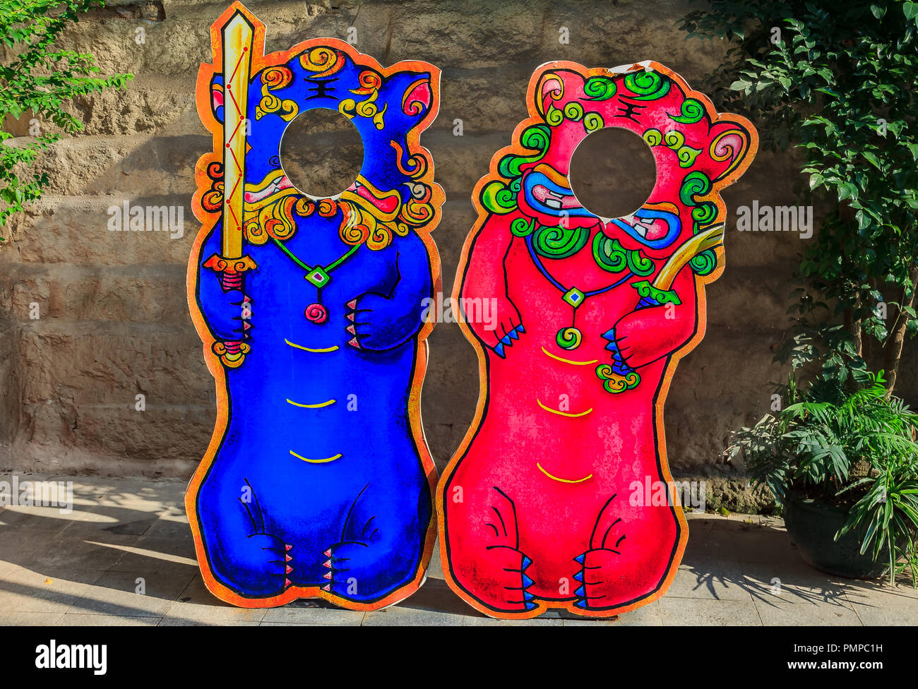 Pink and blue Chinese lion or foo dog, Bixie, Pixiu standee photo props ...