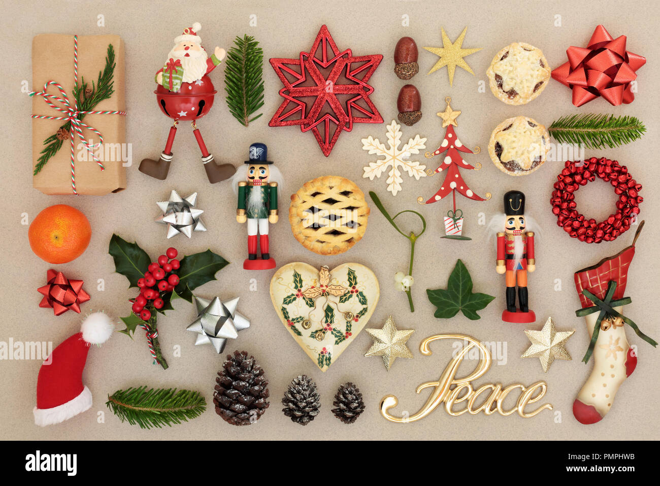 Christmas decorations with peace sign, food, flora, bows and ...
