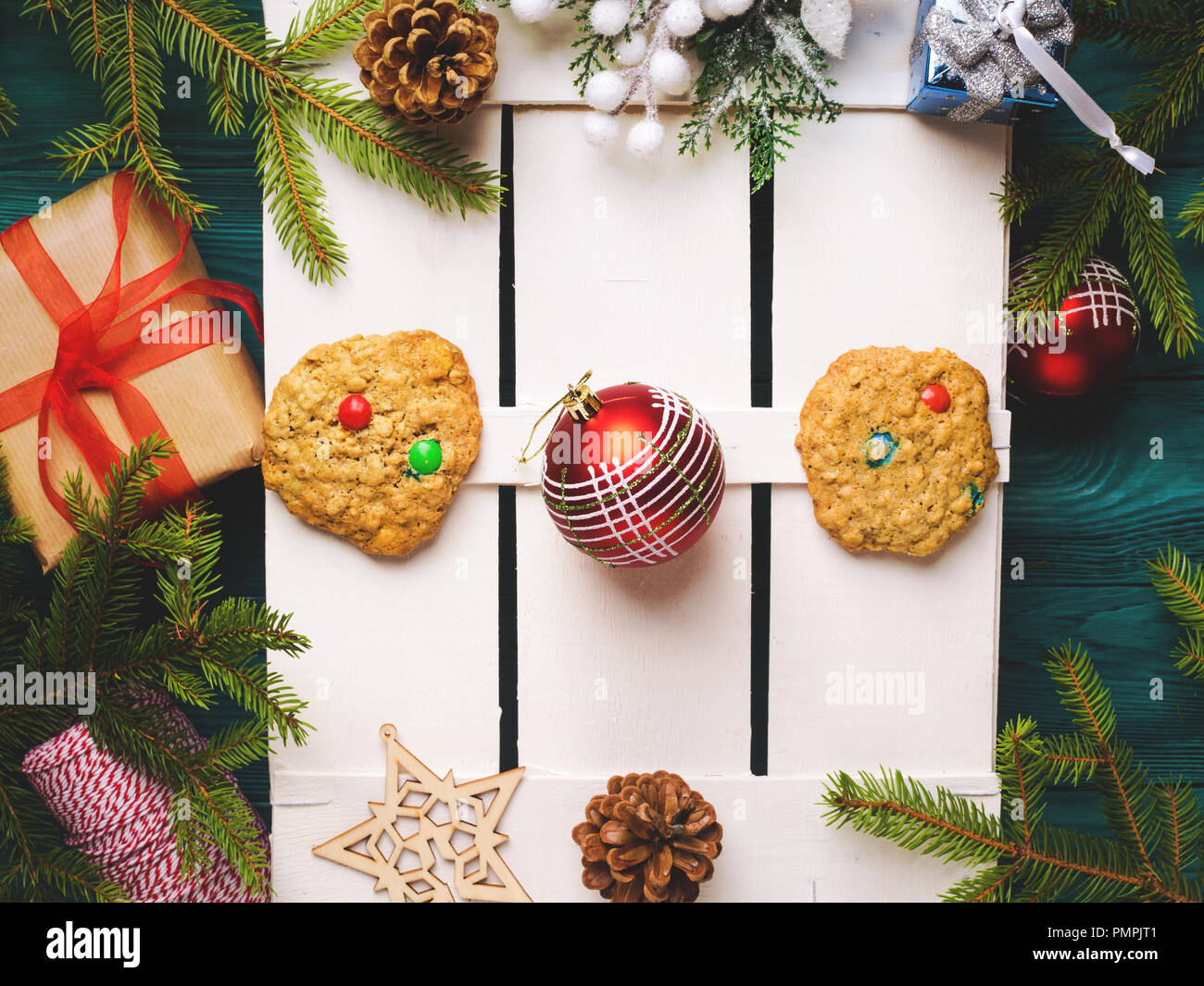 Christmas background with decorations frame on white board and home ...