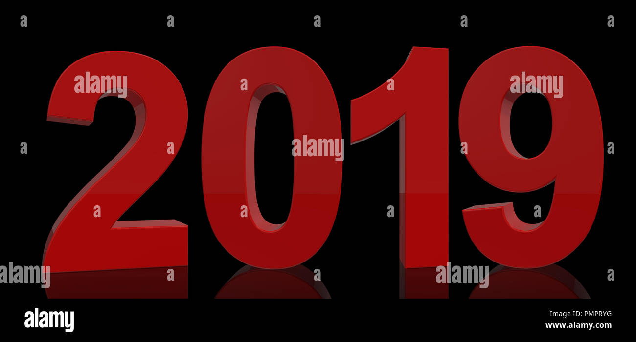 The year 2019 reflected in big red numbers in front of a black ...