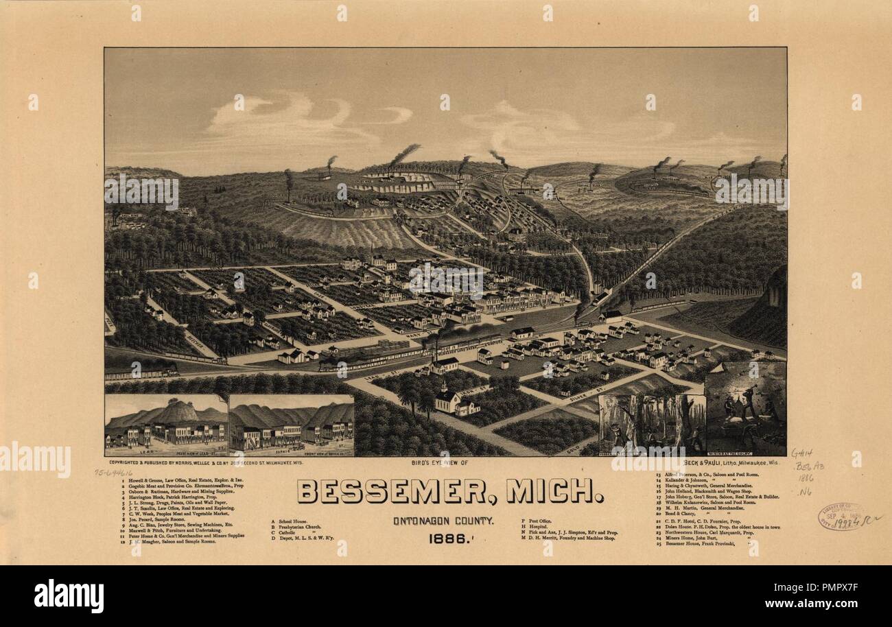 Bird's eye view of Bessemer, Mich., Ontonagon County 1886 Stock Photo ...