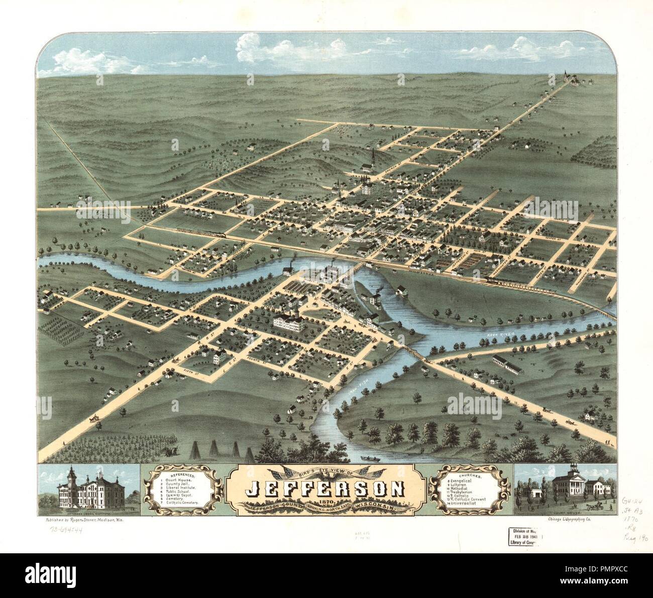 Bird's eye view of Jefferson, Jefferson County, Wisconsin 1870 Stock ...