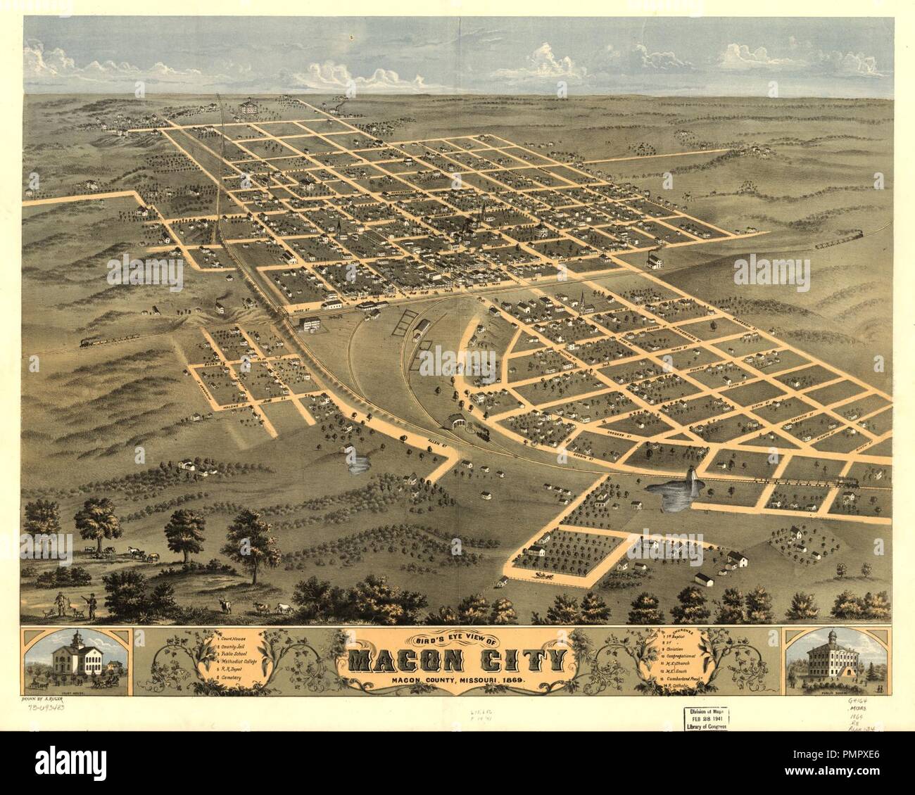 Bird's eye view of Macon City, Macon County, Missouri 1869 Stock Photo ...