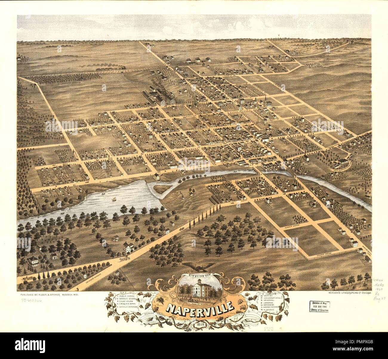 Bird's eye view of Naperville, DuPage County, Illinois 1869 Stock Photo ...