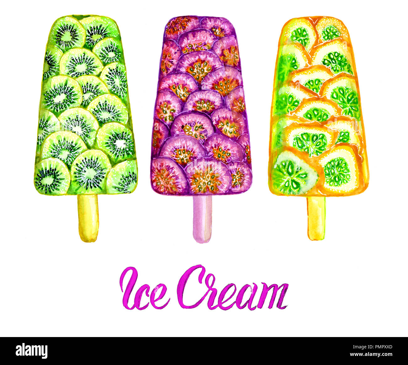 popsicle. Sundae. Watercolor illustration. Tropical fruit Stock Photo ...