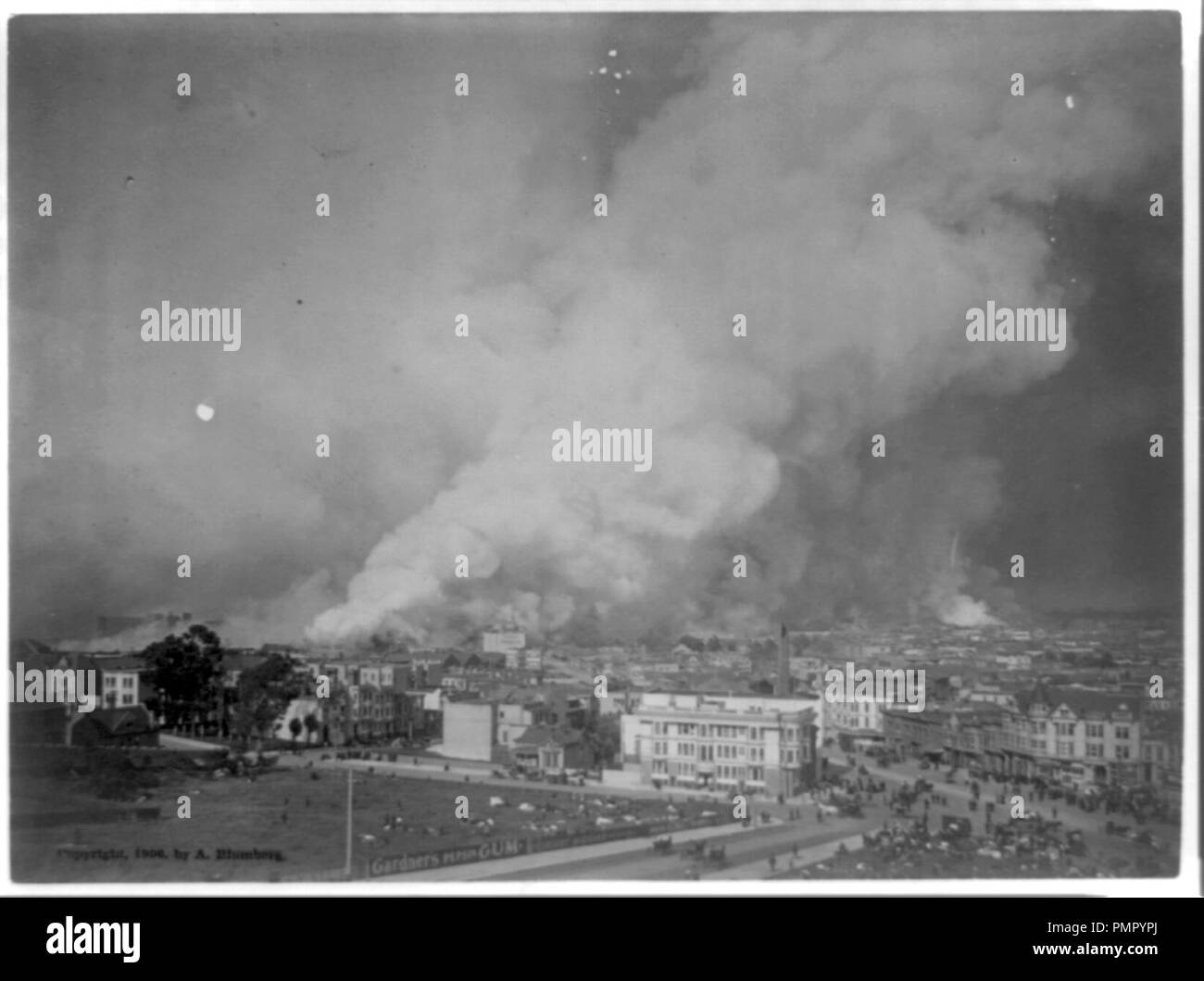 Bird's-eye view of smoldering downtown section during the San Francisco ...