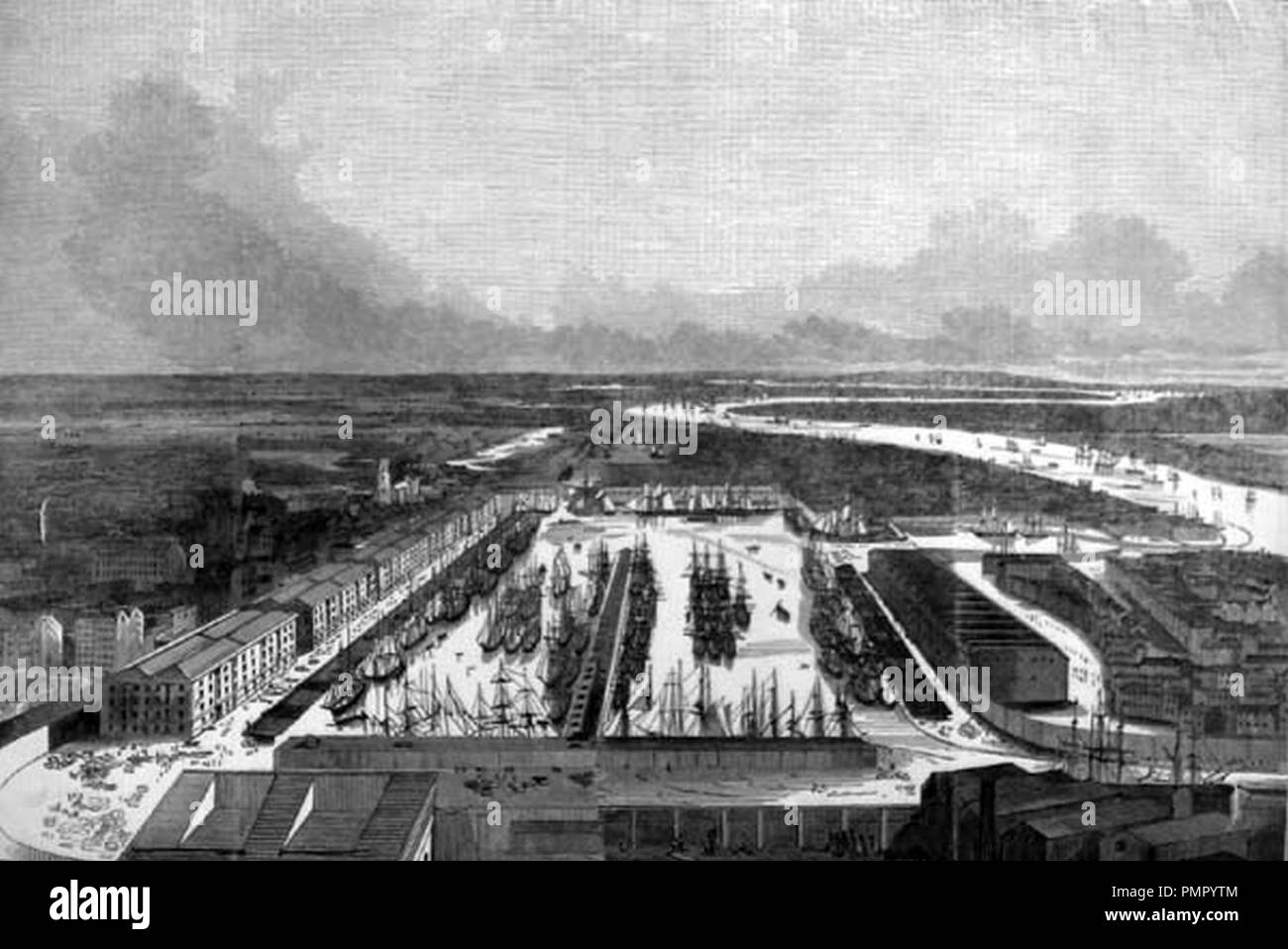 Birdseye View of the London Docks. ILN 1845 Stock Photo - Alamy