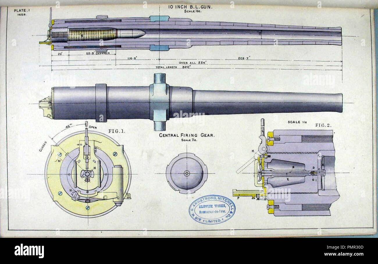 BL 10 inch 30 calibre Armstrong gun diagrams Stock Photo - Alamy