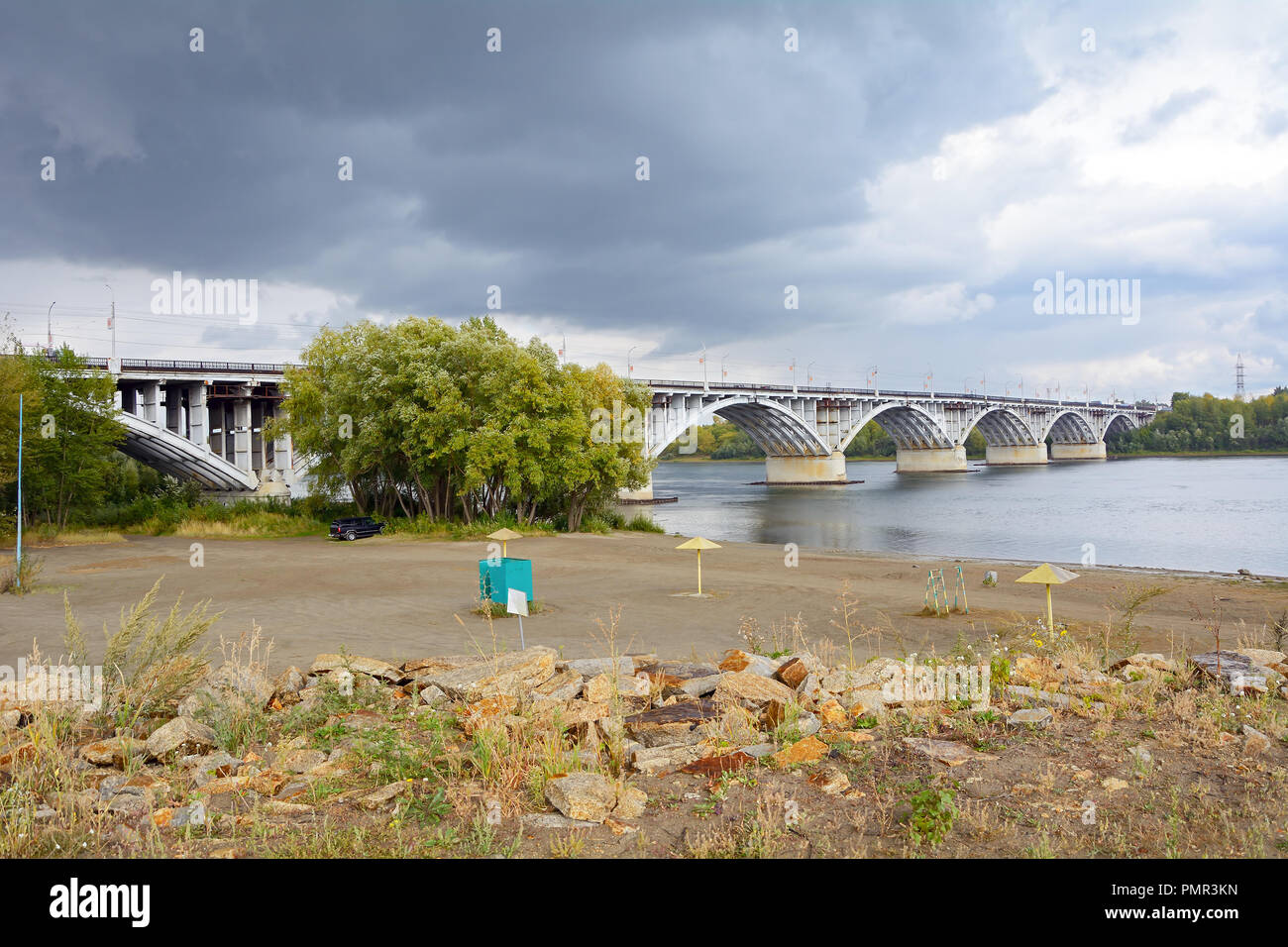 Biysk, view of the Municipal road bridge over the Biya river and the ...