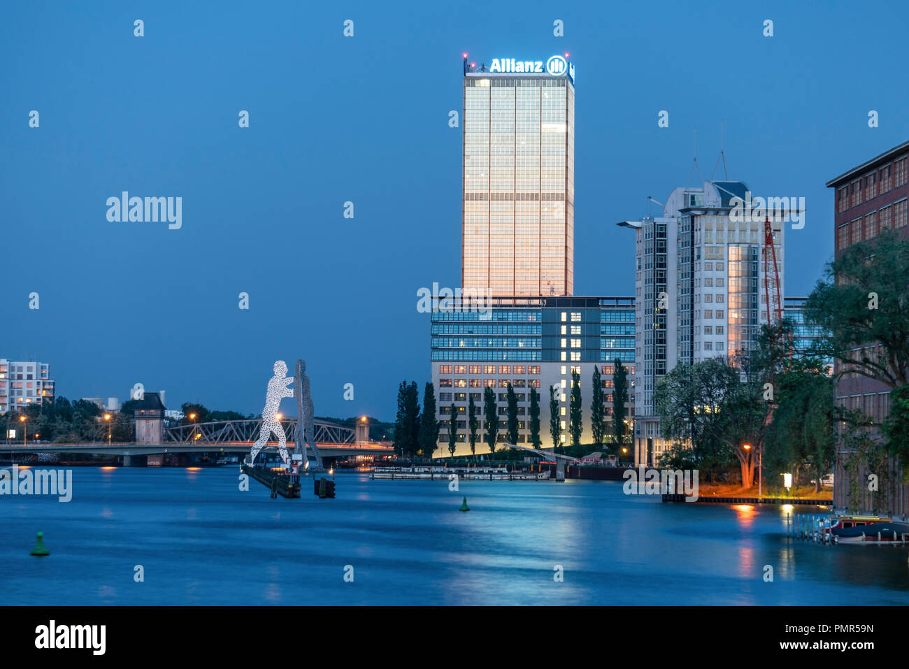 River Spree, Office buildings, Aliianz tower, Treptowers, Monecule Man ...