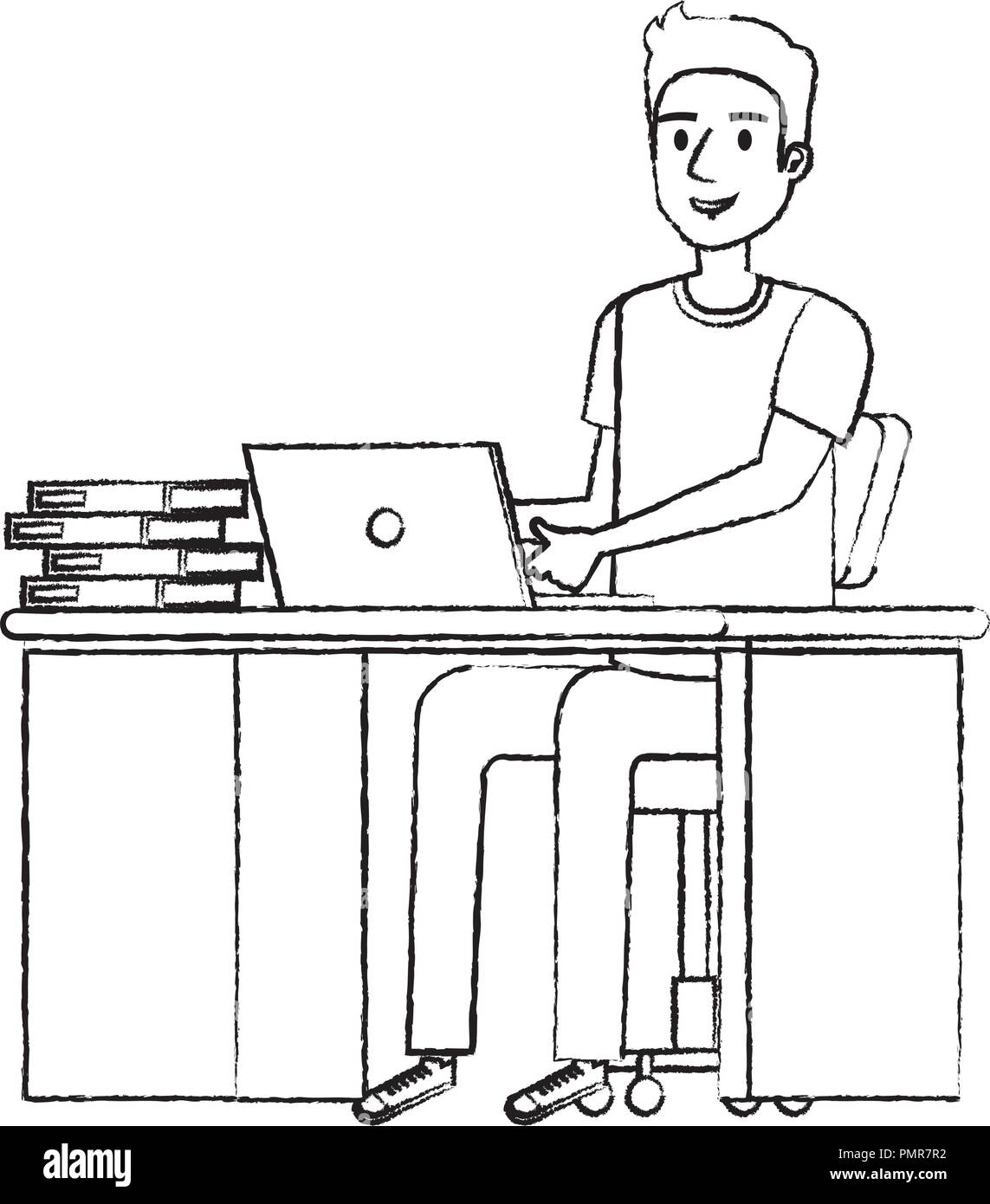 young man at desk with laptop and books vector illustration design ...
