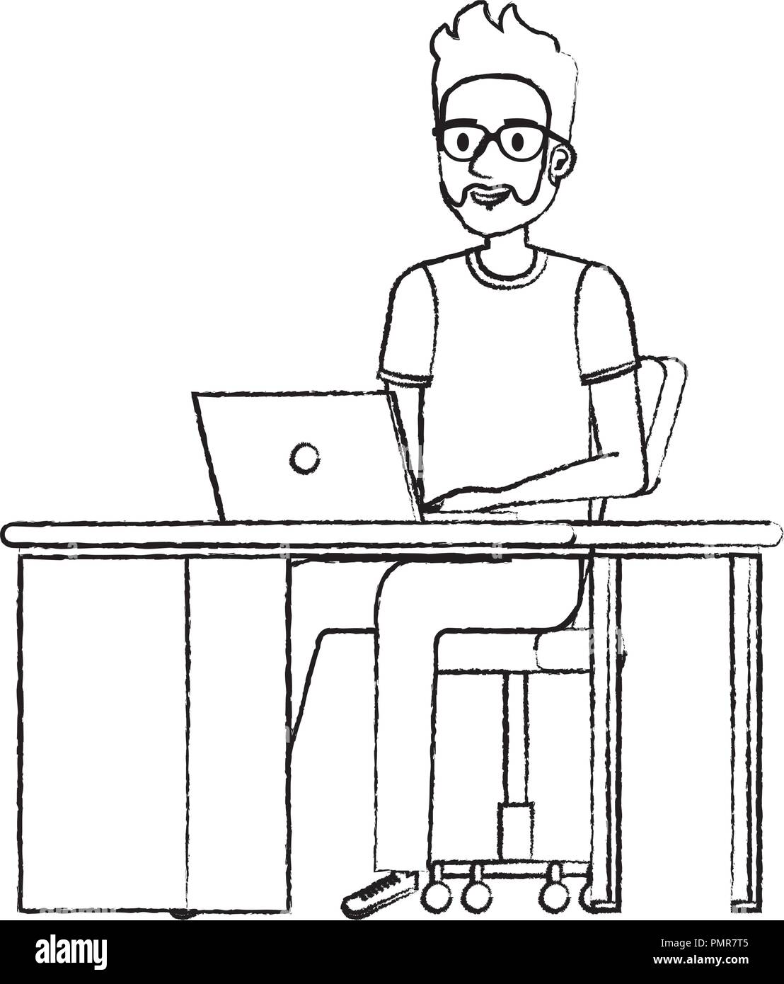 Programmer cartoon illustration programmer working Black and White ...