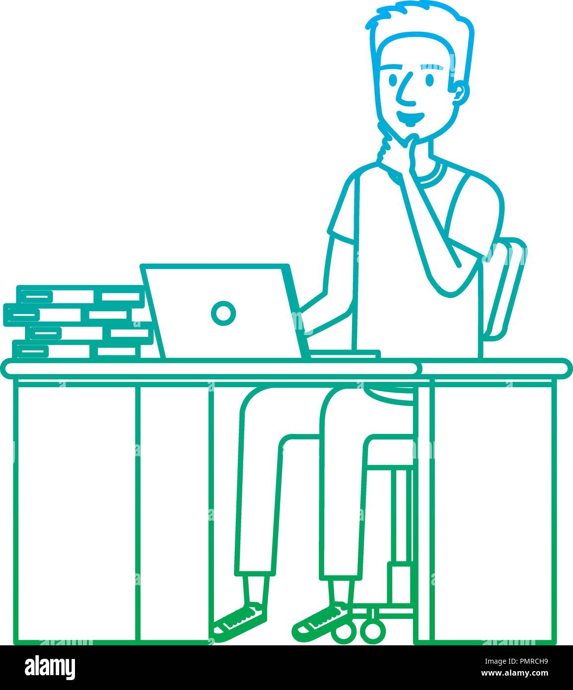 young man at desk with laptop and books vector illustration design ...