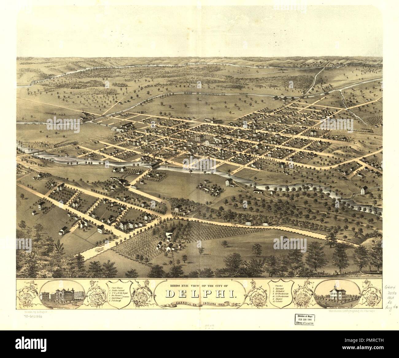 Bird's eye view of the city of Delphi, Carroll Co., Indiana 1868 Stock ...