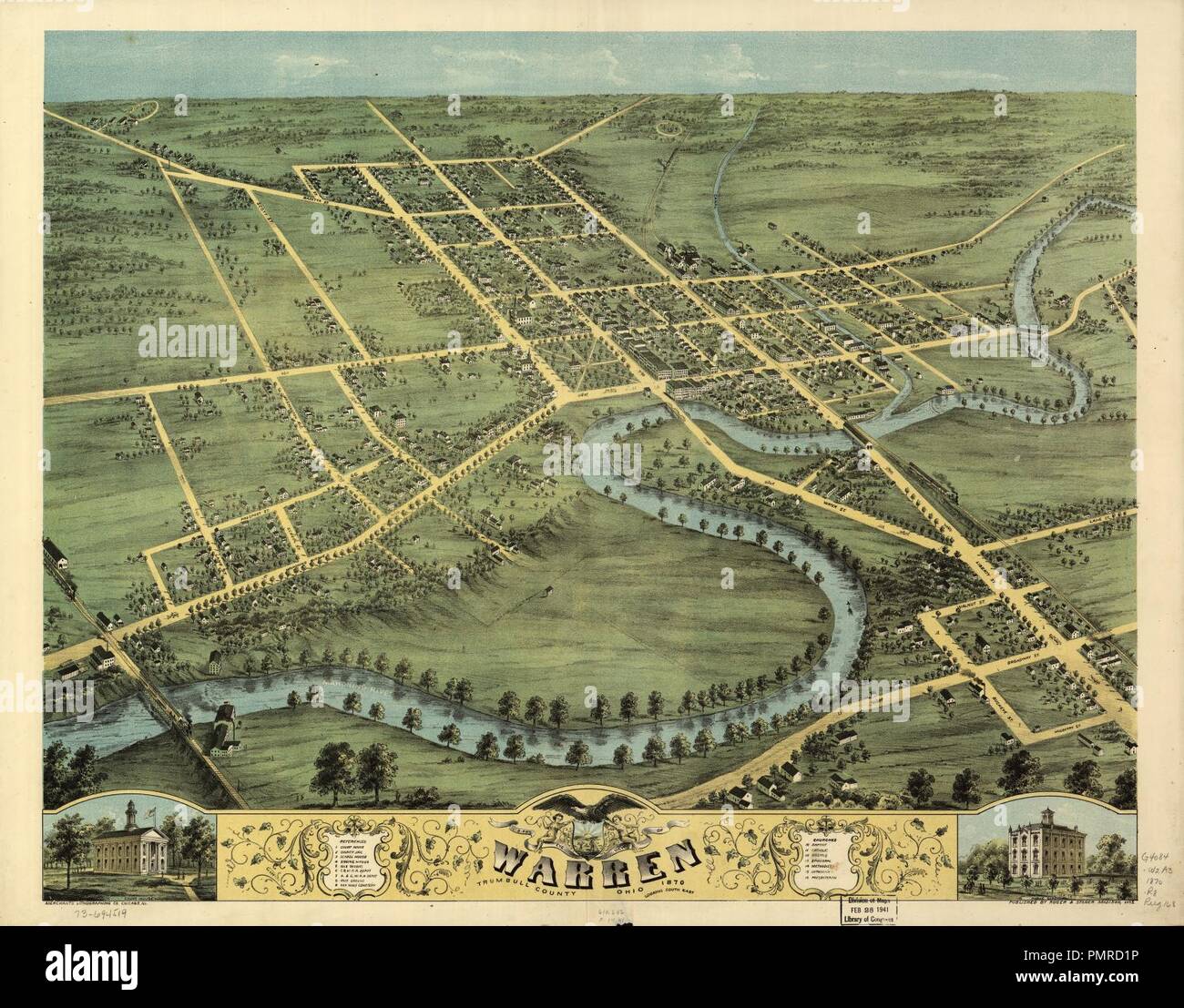 Bird's eye view of Warren, Trumbull County, Ohio 1870 Stock Photo - Alamy