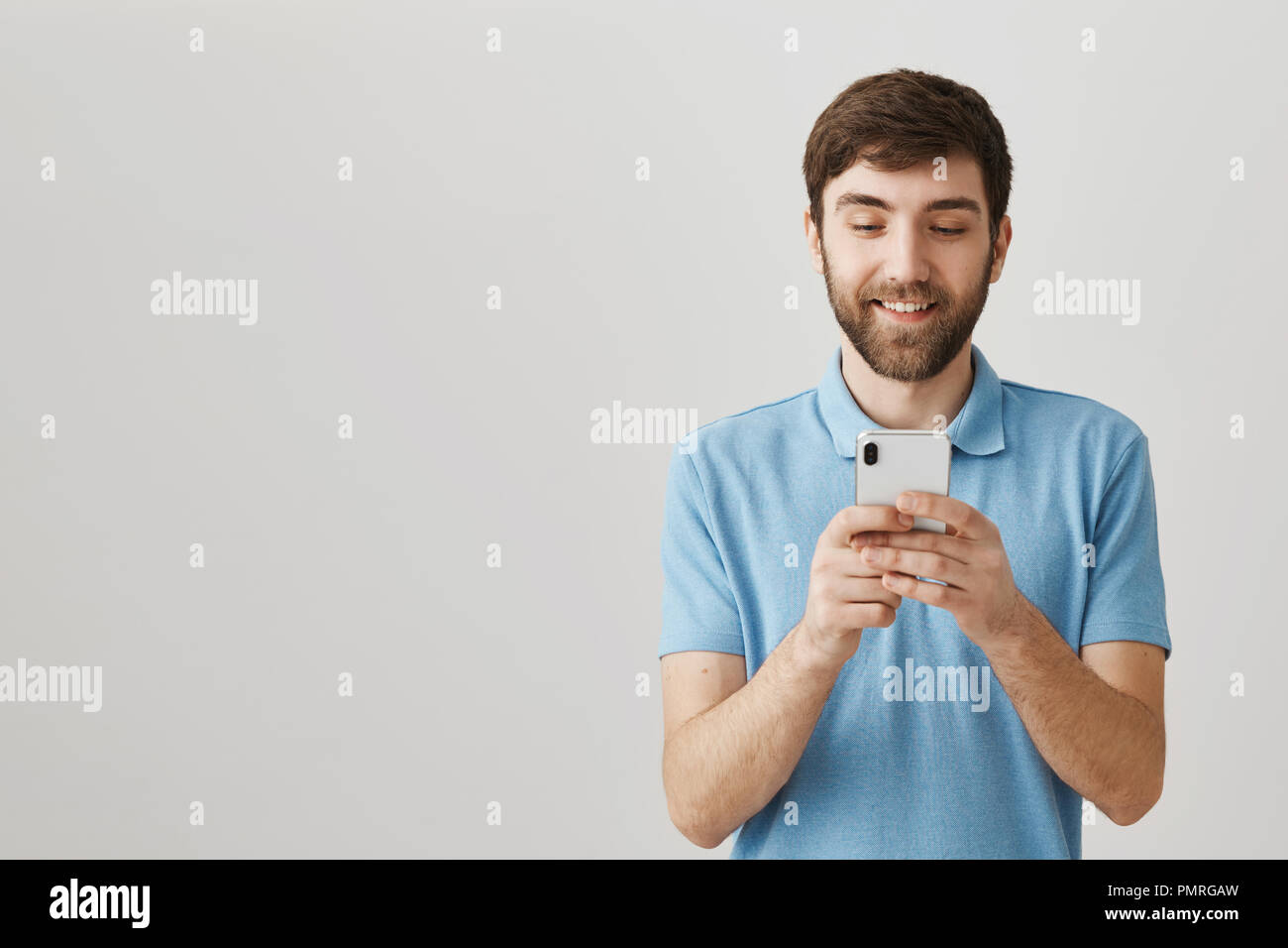 How easy you gain friends with internet. Portrait of happy enthusiastic ...