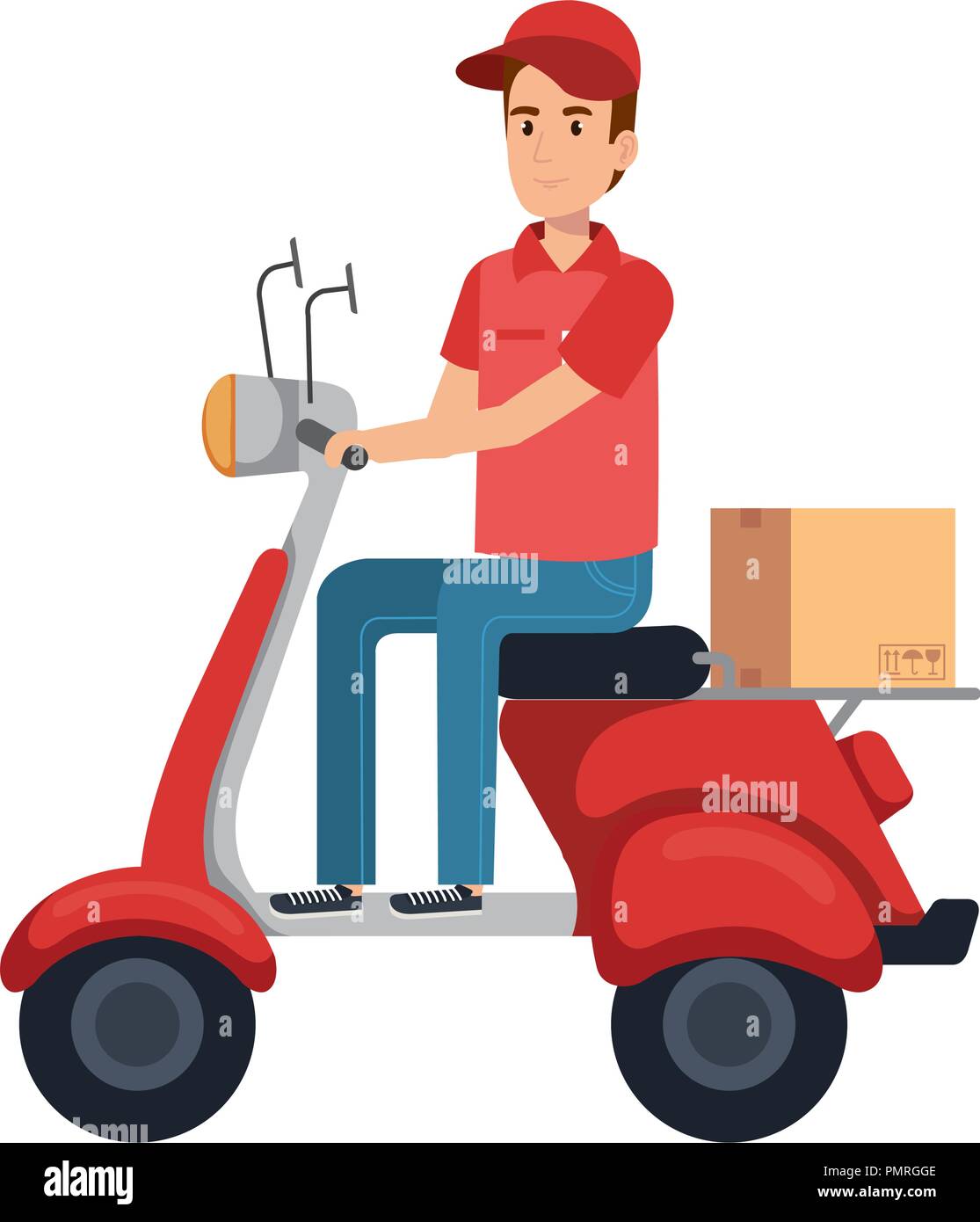 delivery worker in motorcycle and box vector illustration design Stock ...