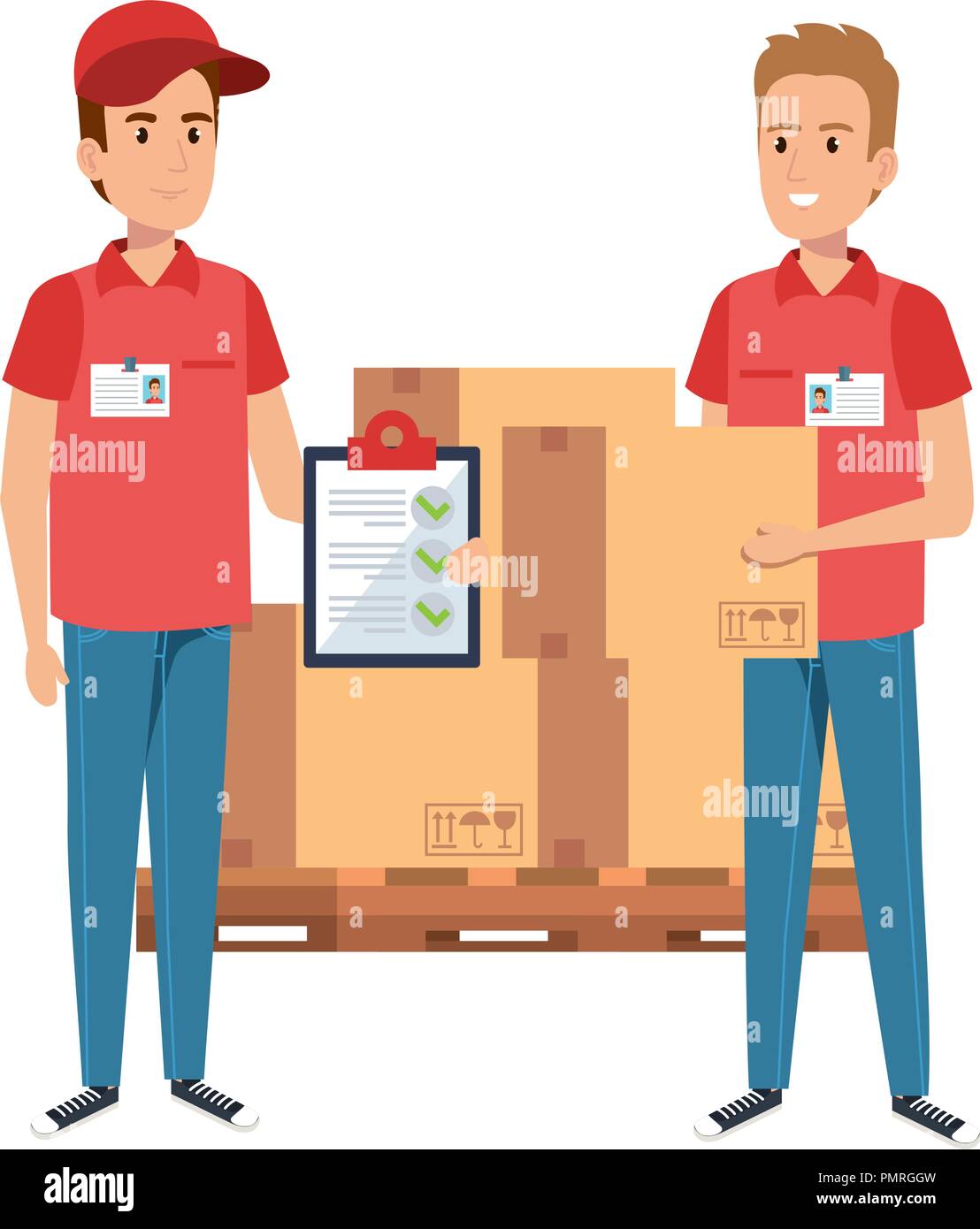 delivery workers with pile boxes and checklist vector illustration ...