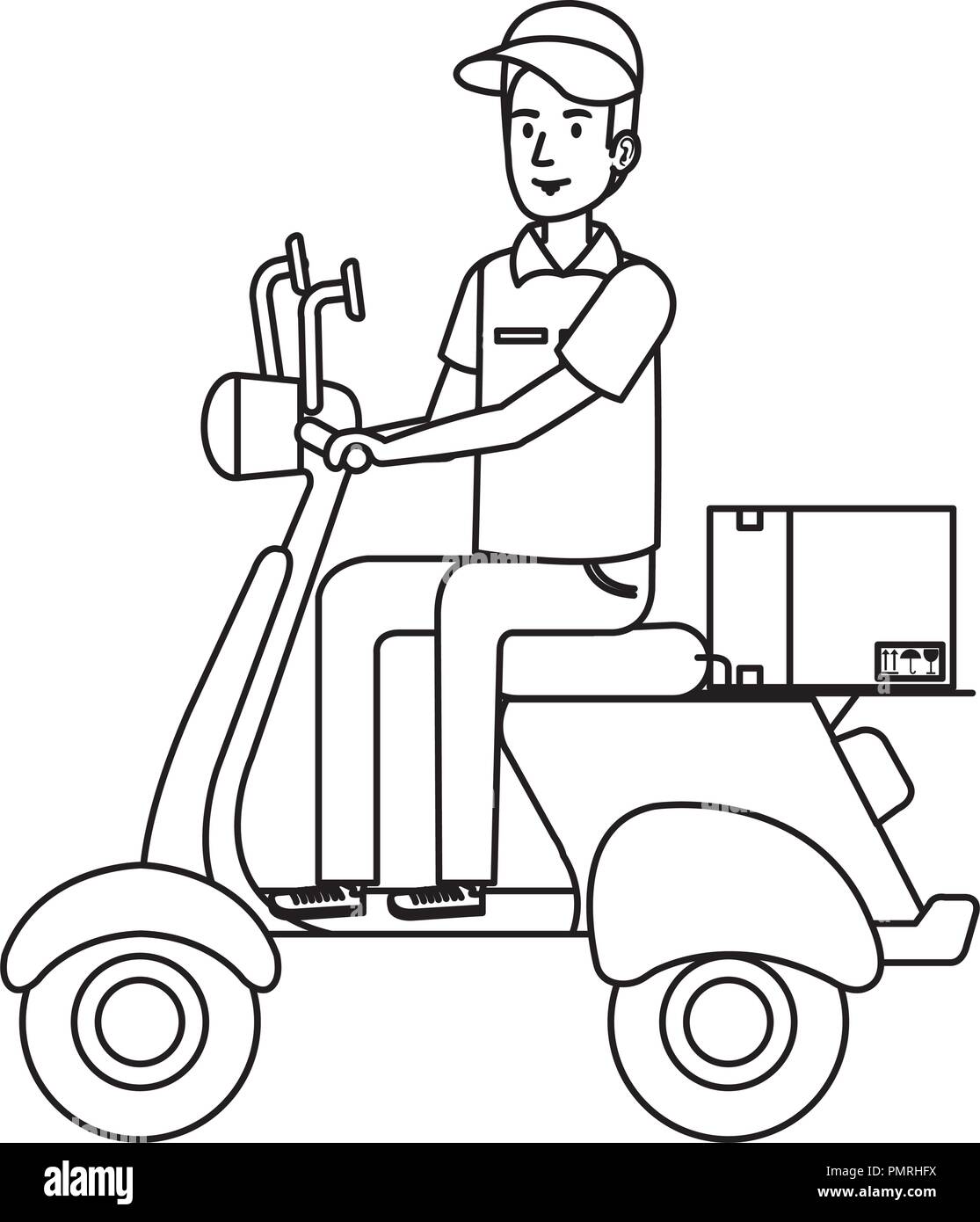 delivery worker in motorcycle and box vector illustration design Stock ...