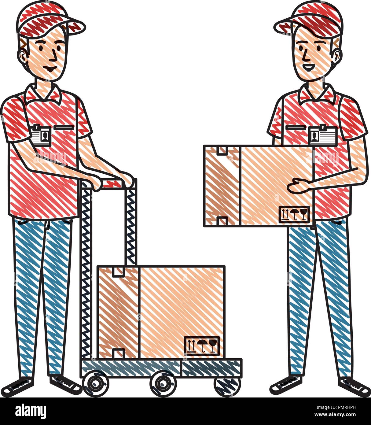 delivery workers with cart and boxes vector illustration design Stock ...