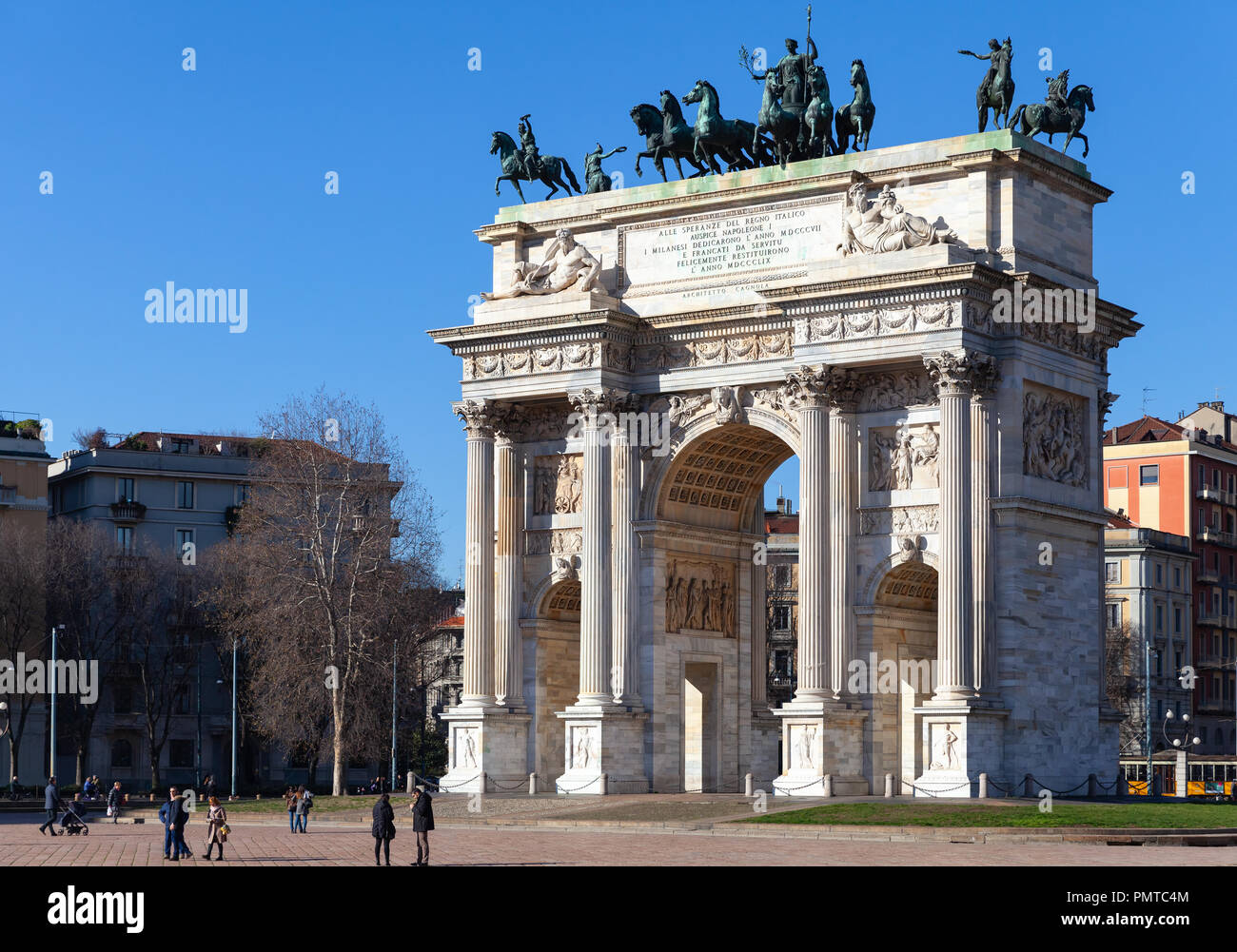 Milan, Italy - January 19, 2018: White triumphal arch Porta Sempione or ...