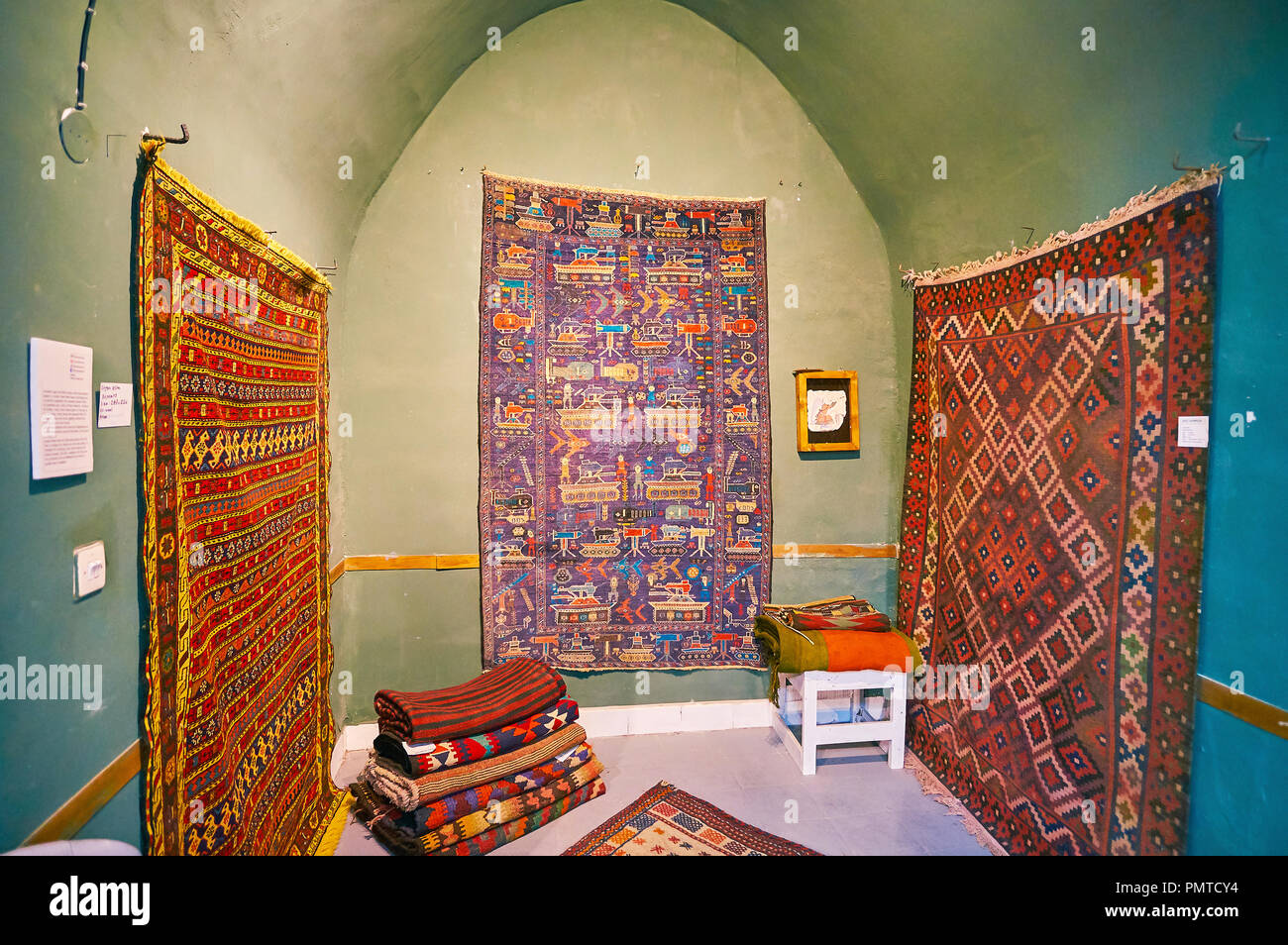 KASHAN, IRAN - OCTOBER 22, 2017: Unusual Baluch war carpet from ...