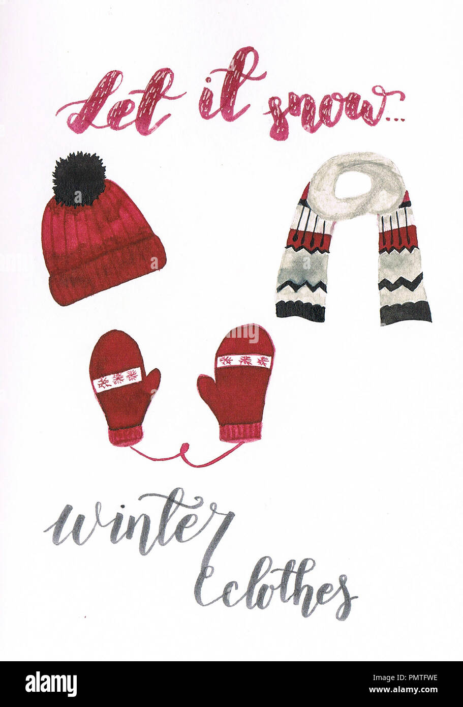 A complete set of winter clothes (a bobble hat, a cosy scarf and a pair ...