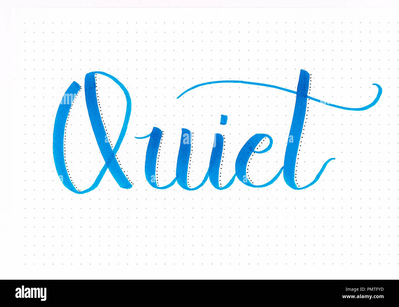 "Quiet" hand lettering in blue with black dots Stock Photo - Alamy