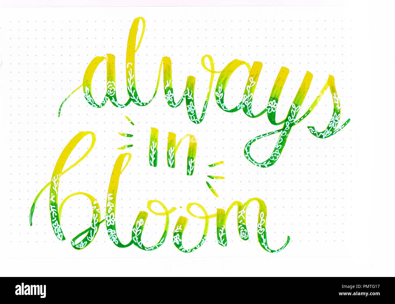 "Always in bloom" hand lettering phrase in yellow and green with white ...