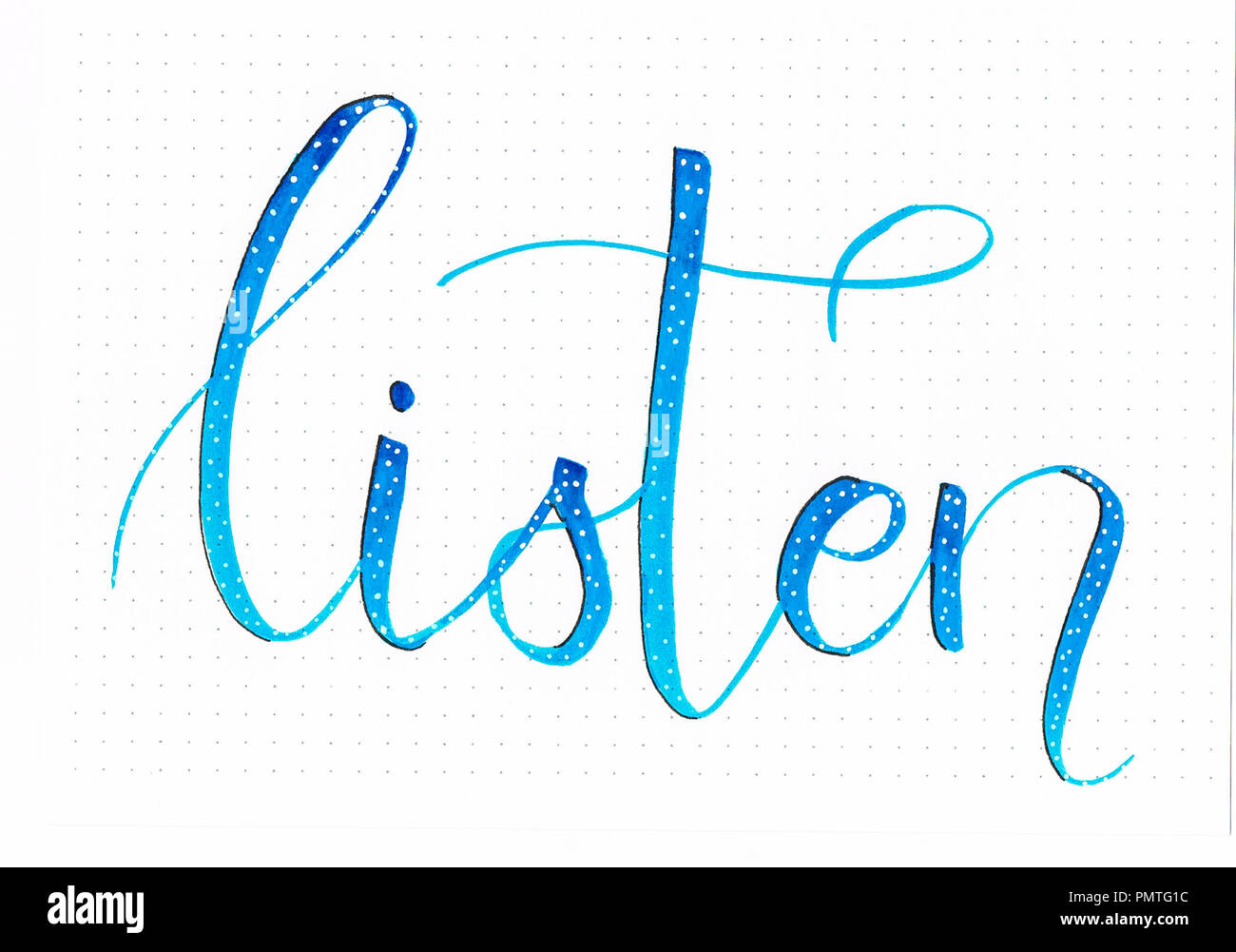 "Listen" hand lettering word in blue with white dots Stock Photo - Alamy