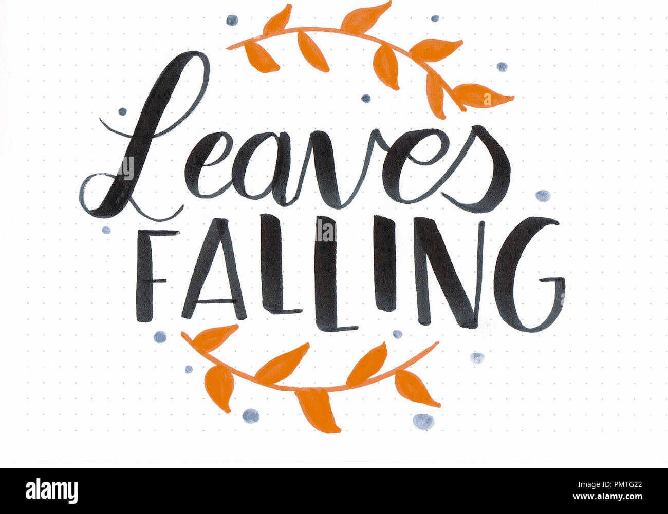 "Leaves Falling" hand lettering phrase with writing and orange leaves ...