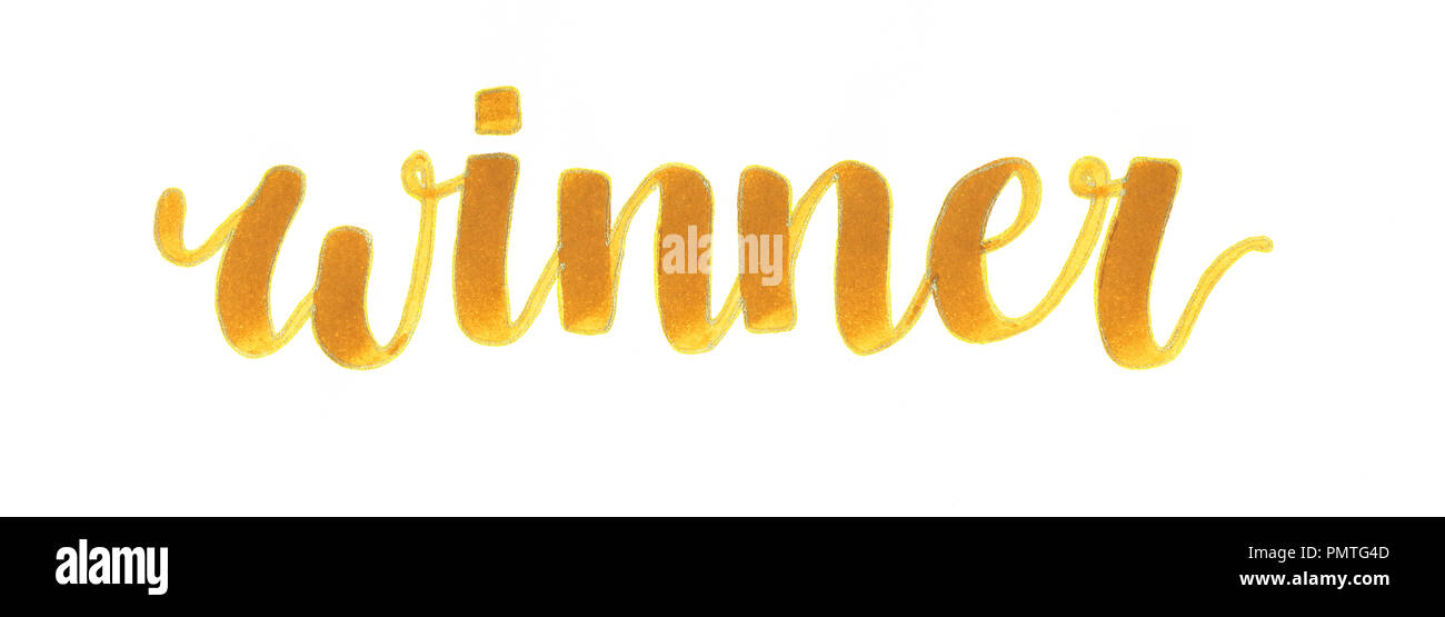 "Winner" hand lettering inscription in caramel color with gold contour ...