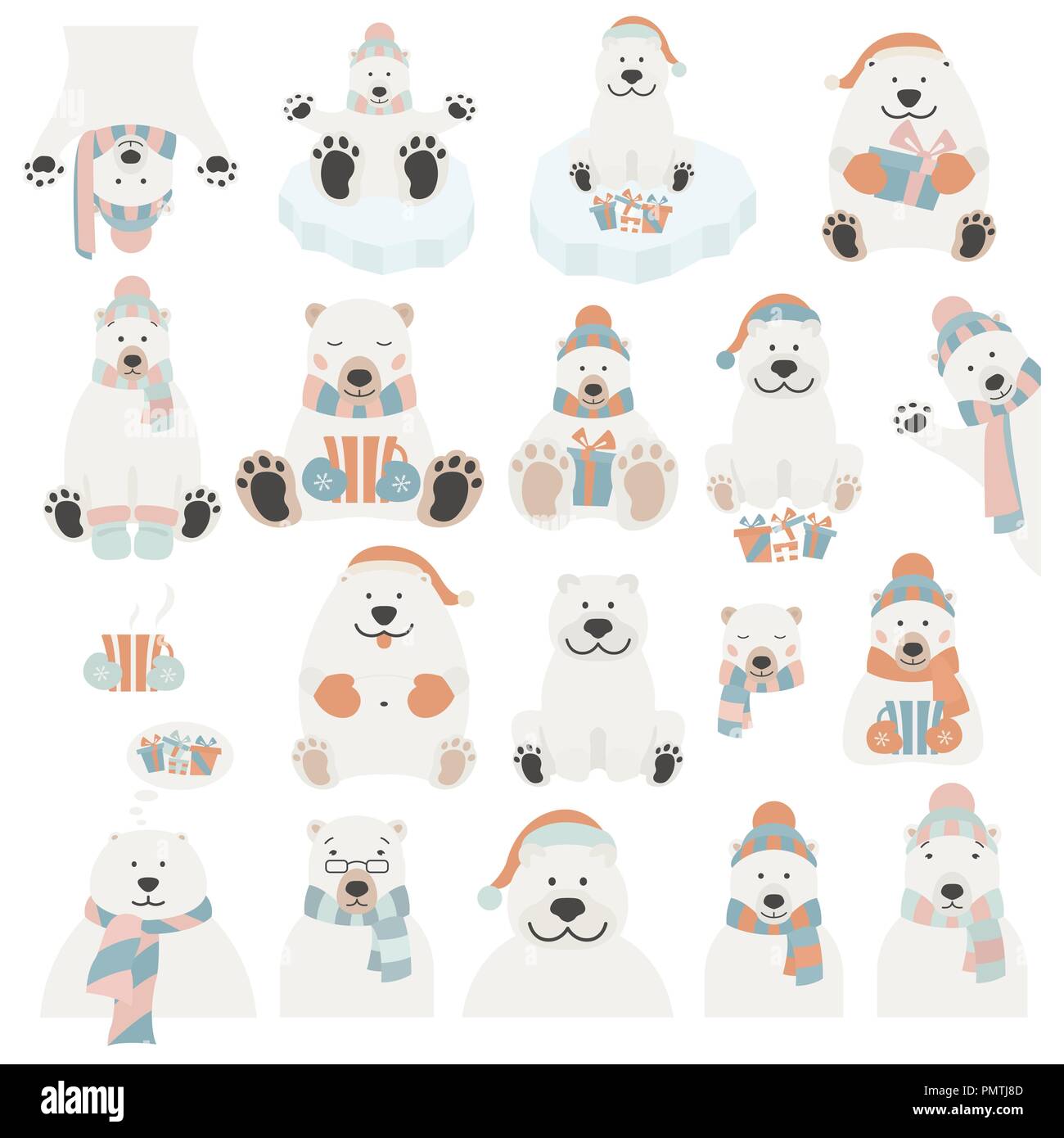 Cute Polar Bear Sticker Set Elements For Christmas Holiday Greeting