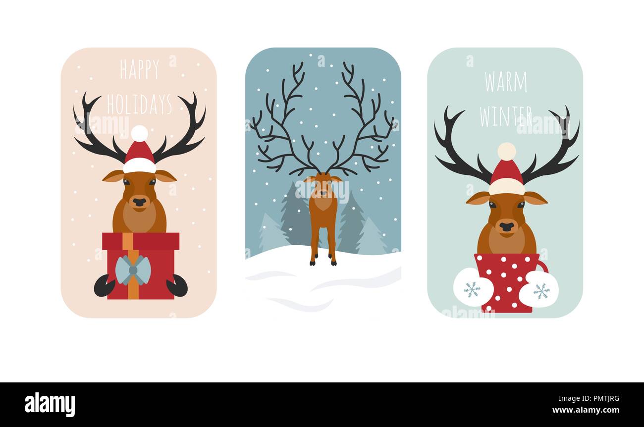 Cute reindeer sticker icon set. Elements for christmas holiday greeting ...