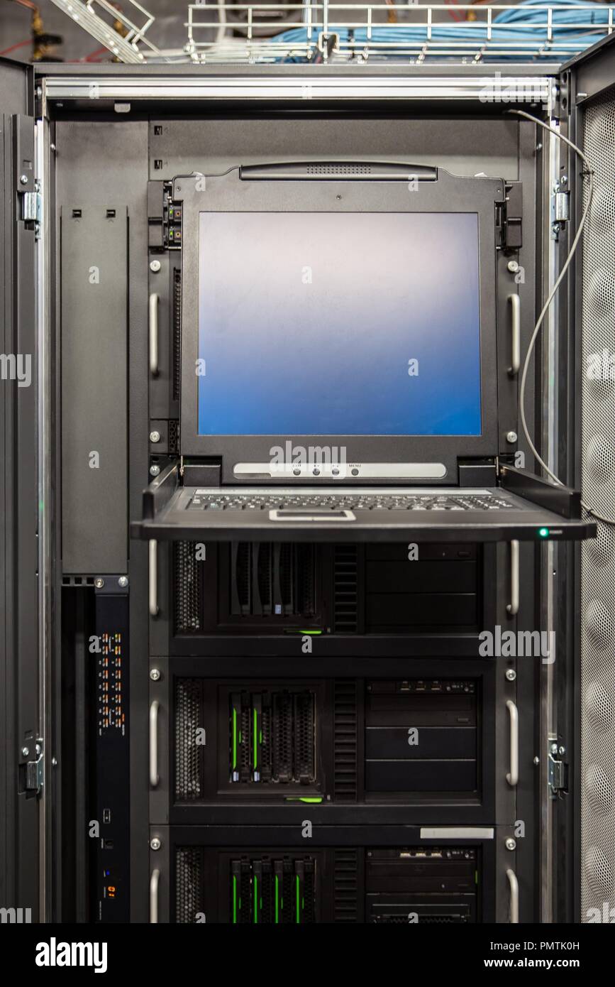 Data backup center server. Hard drives in computer monitoring recording ...