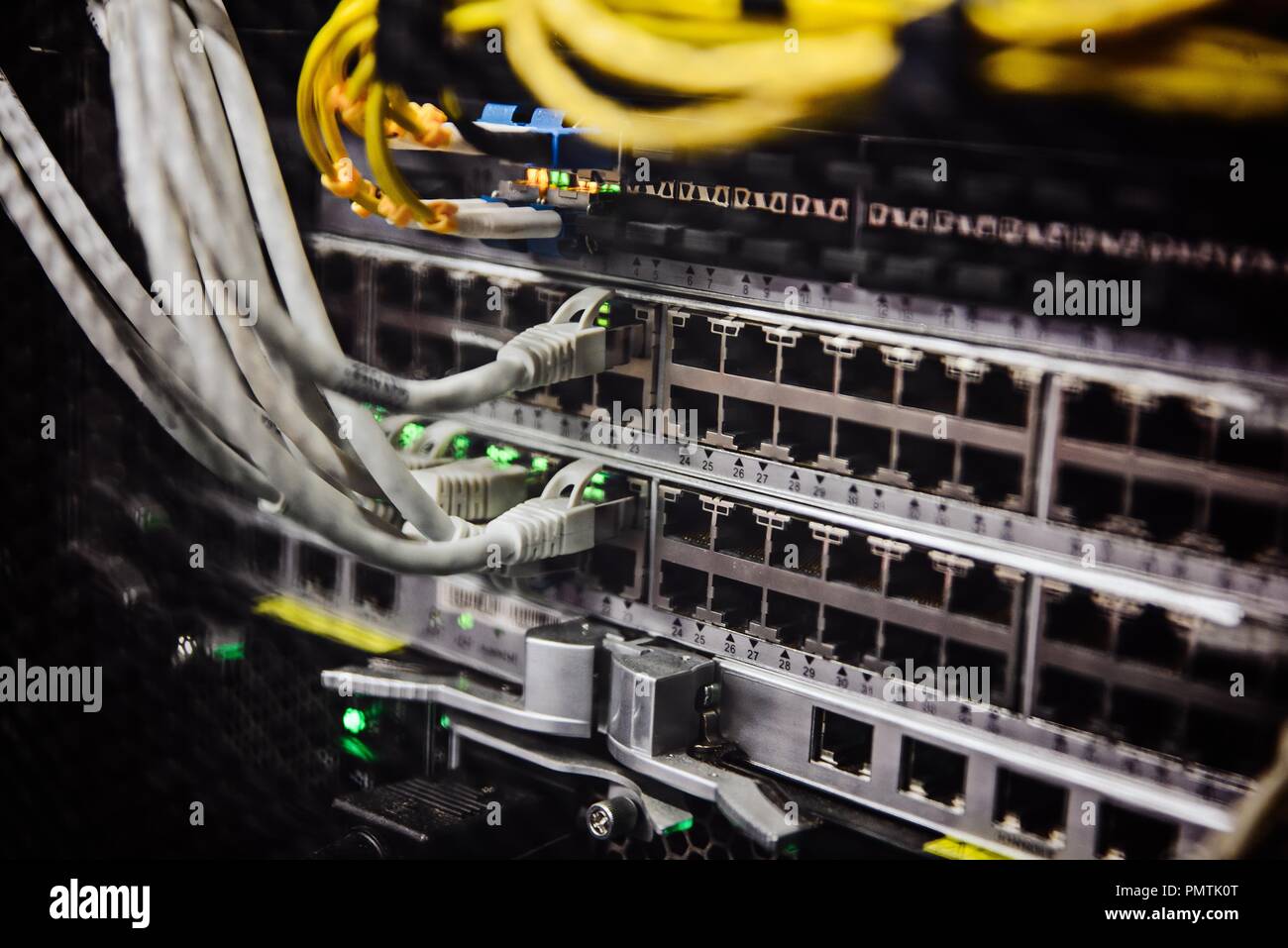 Internet routers and wires in Internet service provider. Internet ...