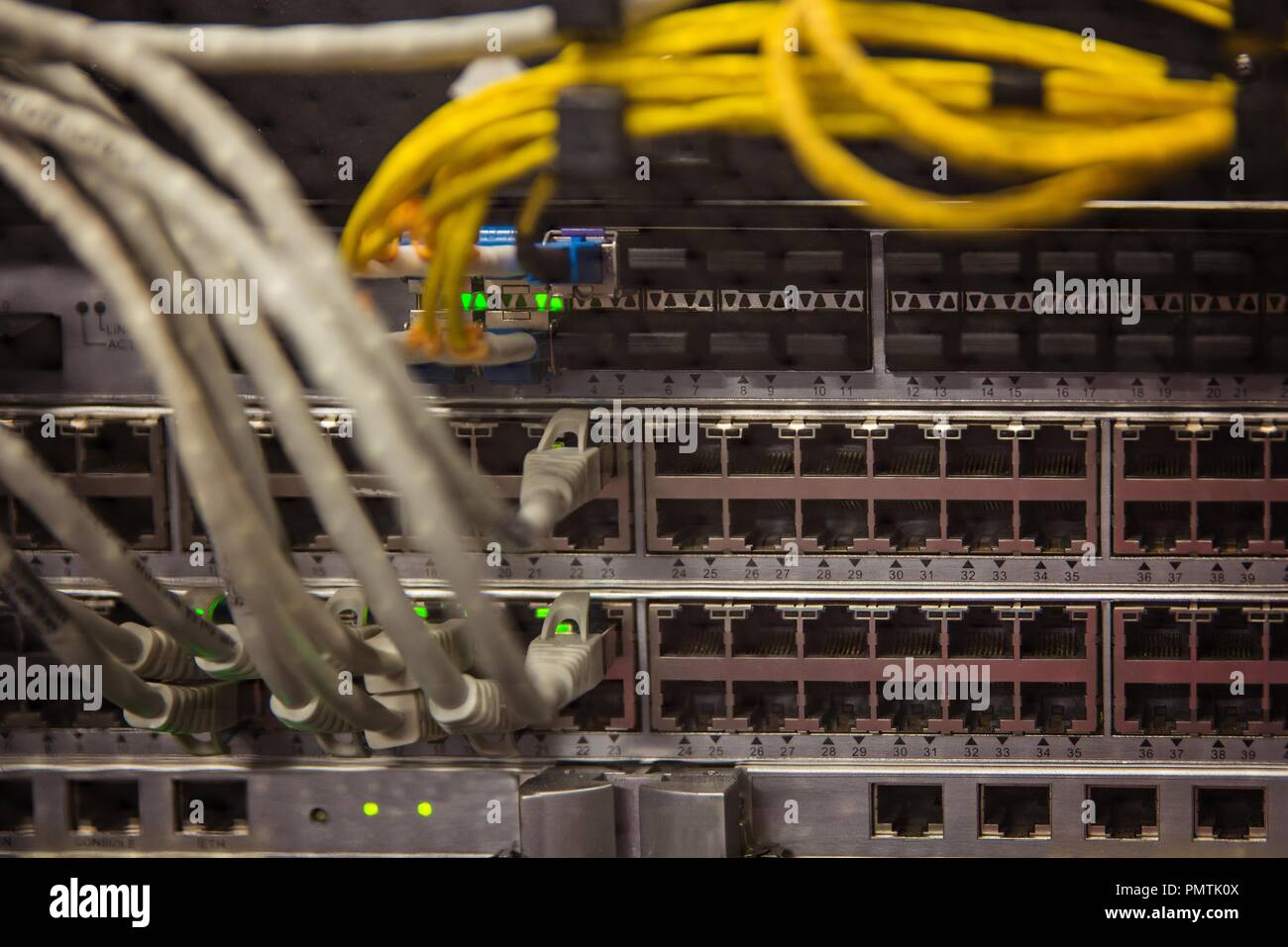 Internet routers and wires in Internet service provider. Internet ...