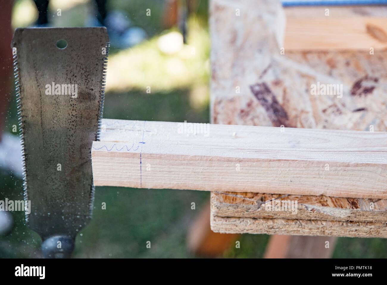 Carpenter cutting wooden plank with manual saw. Wood work Stock Photo ...