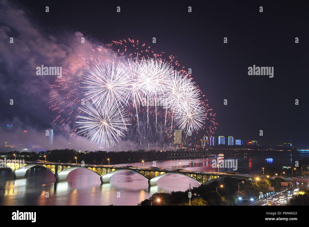 Changsha, China's Hunan Province. 19th Sep, 2018. Fireworks explode ...