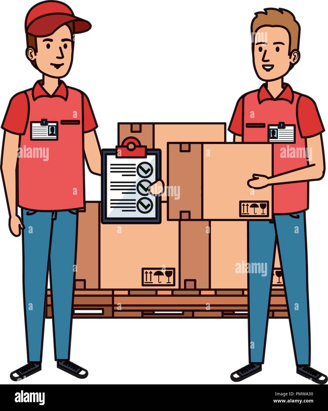 delivery workers with pile boxes and checklist Stock Vector Image & Art ...