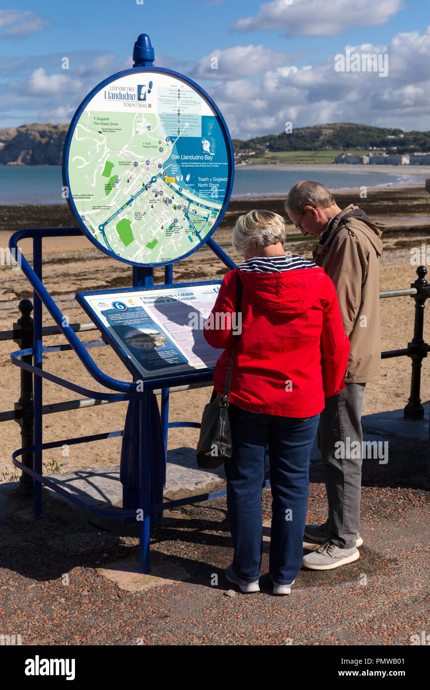 Tourists studying Town map at seafront of Llandudno North Wales UK ...